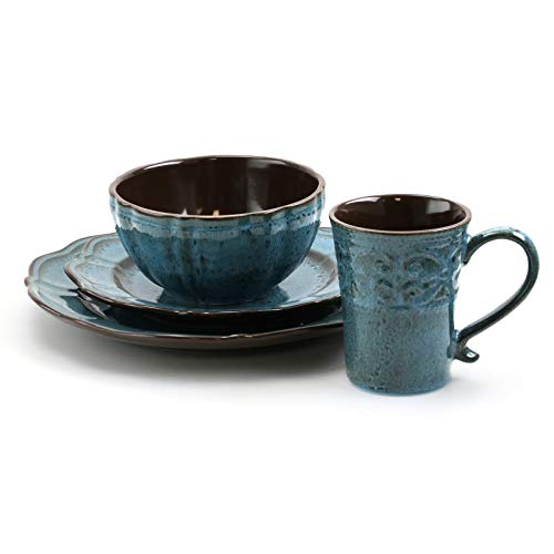 Elama Round Stoneware with Scalloped Edges Dinnerware Dish Set, 16 Piece, Blue