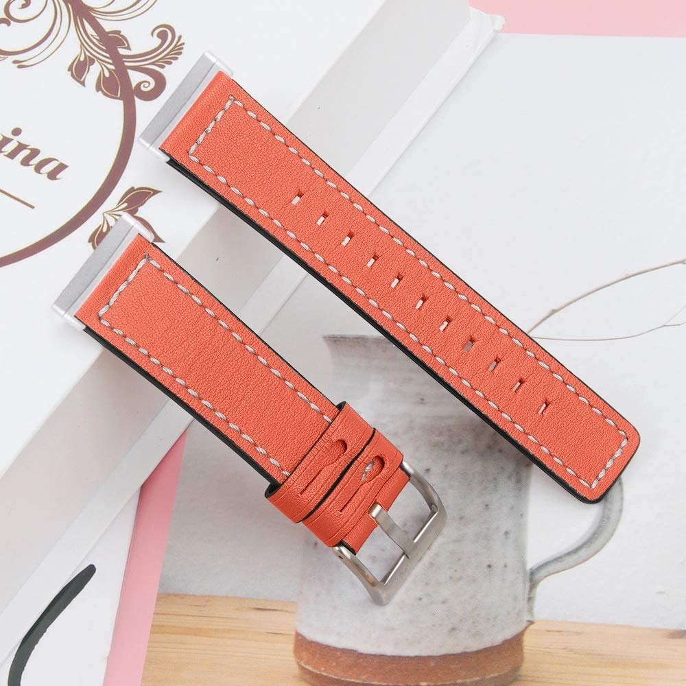 Jennyfly Women Leather Band for Fitbit Versa/Versa 2/Versa Lite, Slim Leather Band Replacement Strap Wristband Adjustable 5.5-7.8 inch for Women Men - Orange