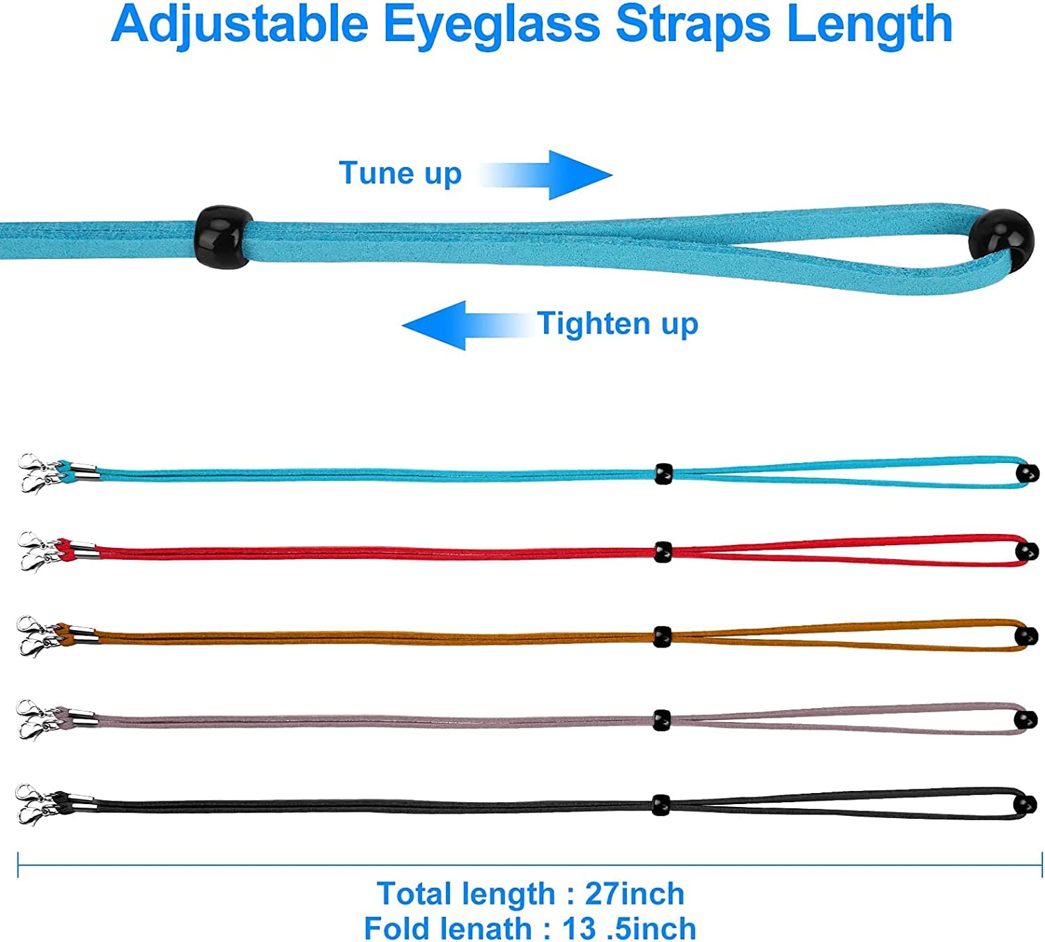 HMLFTIE 5pcs Eyeglass Strap Women Men Adjustable Anti Slip Leather Eyewear Retainers Sunglasses and Reading Eyeglass Lanyard (Black Red Brown Grey Blue)