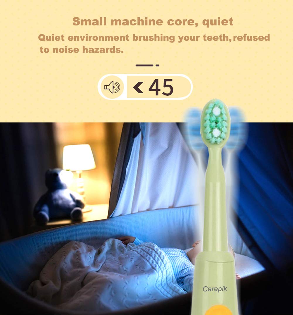 Carepik Kids Electric Toothbrush Set, Sonic Rechargeable Powered Toothbrush, Extra Soft Bristles, 2 Brush Replacement Heads, Cute Animal Cover, 3 Modes, Fun & Easy Cleaning for Age 3+ (Green)