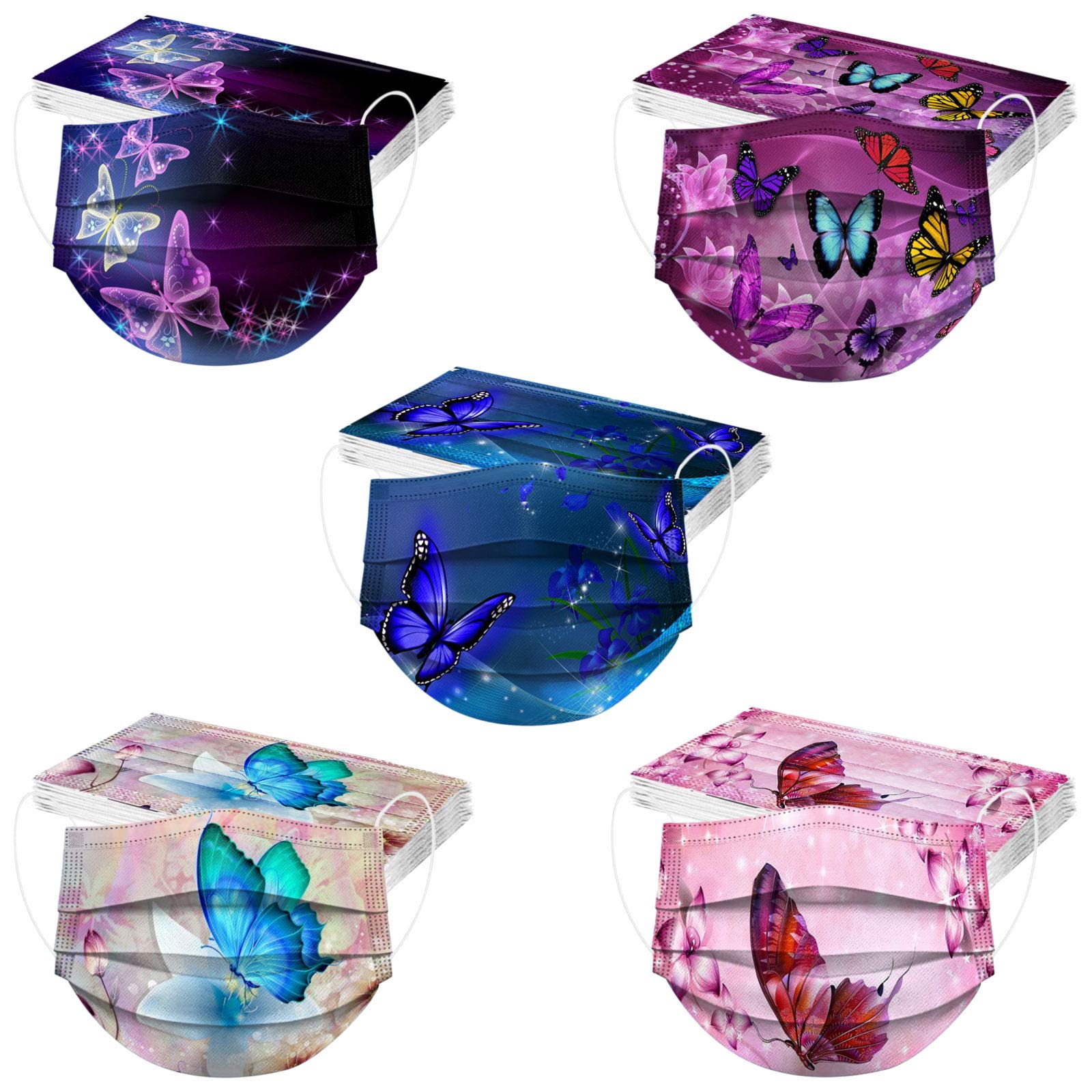 Felicy Butterfly Print Colorful Disposable Face Mask Floral Decorative Fashion 3Ply Women Adults Mouth Covers 10/20/50/100 PCS (ZF-50PCS (Mixed Colors)),Medium