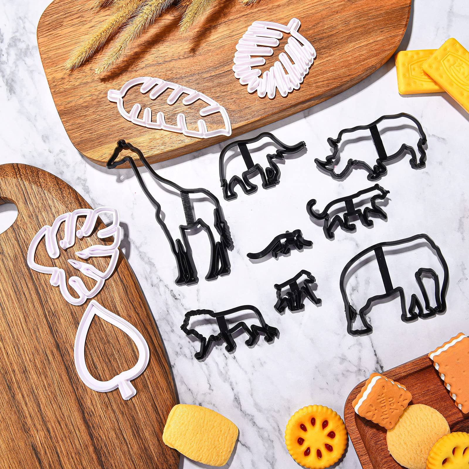 12 Pieces Tropical Leaf Cookie Cutter and Animals Cookie Cutter Hawaiian Palm Leaves Fondant Cutters Set Giraffe Elephant Lion Monkey DIY Craft Mold
