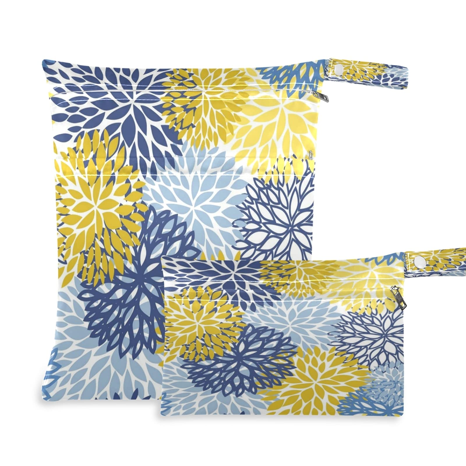 Spring Floral Navy Chrysanthemums Wet Dry Bags Sets for Baby Cloth Diaper Bag Flower Waterproof Beach Travel Bag for Swimsuits Wet Clothes Washable Reusable Organizer with Two Zippered Pockets 2 pcs