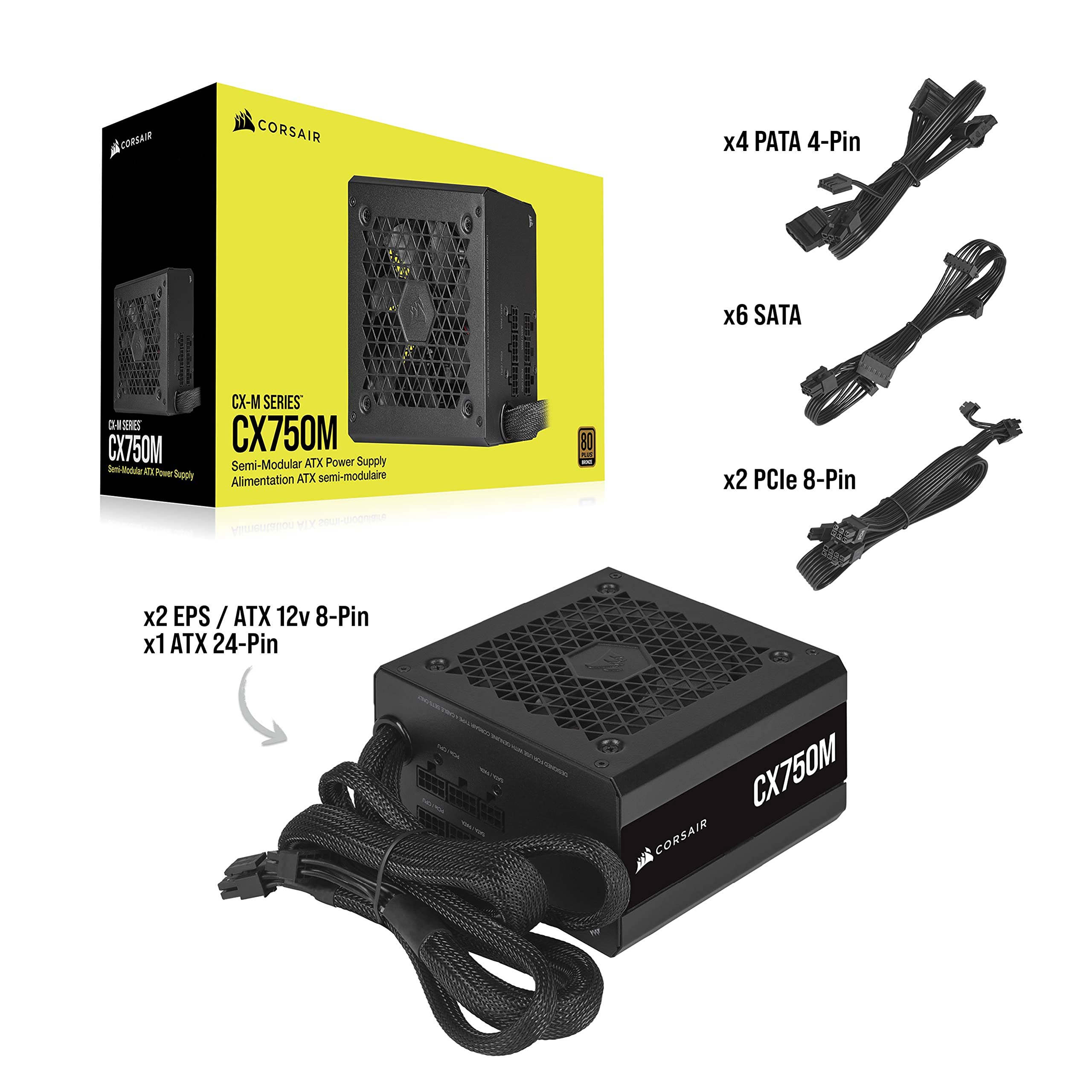 CORSAIR CX750M 80 PLUS Bronze Semi-Modular Low-Noise ATX 750 Watt Power Supply - NA - Black