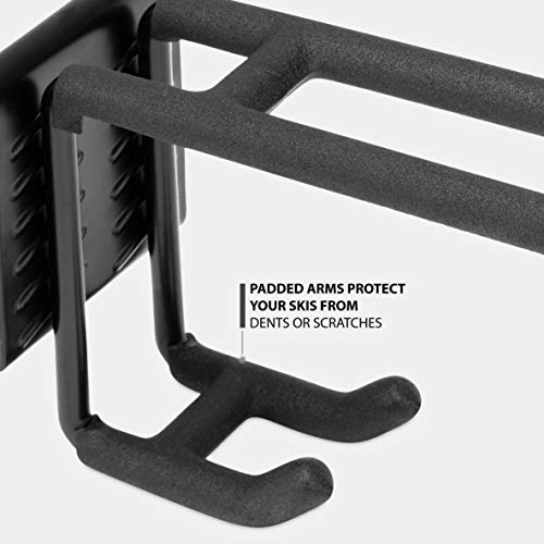 Ski Wall Rack, Holds 4 Pairs of Skis & Skiing Poles or Snowboard, for Home and Garage Storage, Wall Mounted, Heavy Duty, Adjustable Rubber-Coated Hooks