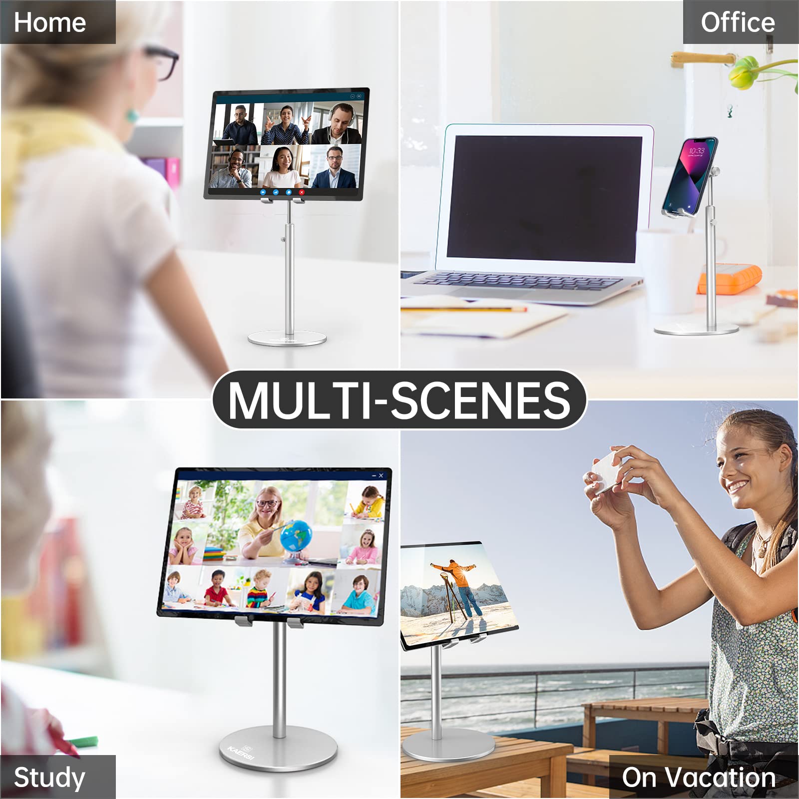 KAERSI Tablet Stand for Desk, Tablet Stand Phone Holder Adjustable Height Compatible with iPhone Pro 11, 9.7, 10.5 Air Mini 4 3 2, Kindle, E-Reader, All Phones (4-12'') - Silver