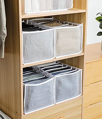 2PCS Clothes Organizer(7 Grids)Drawer Dividers for Clothes - Foldable Grid Storage Box with Multiple Layers, Portable Washable Storage Containers for Scarves, Leggings, T-shirts, Jeans (Jeans and Trousers with 7Grids, Gray)