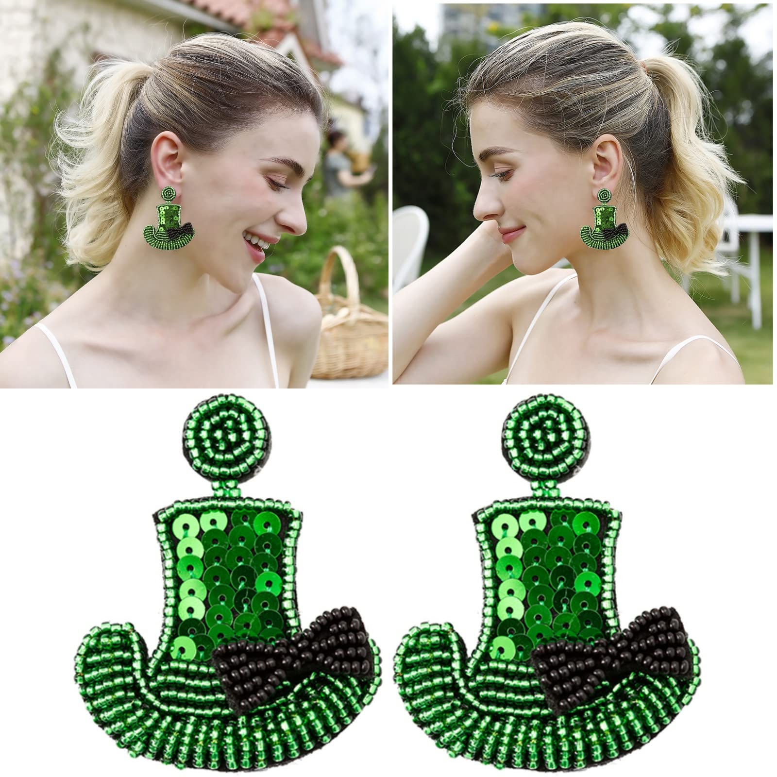2 Pairs St. Patrick's Day Earrings Green Lucky Clover Beaded Earrings Lucky Shamrock Hat Drop Dangle Earrings