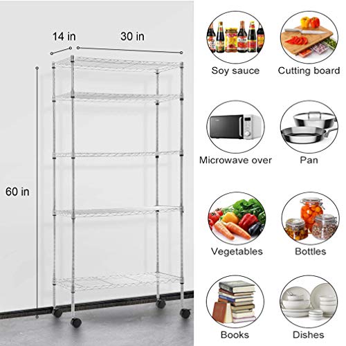 Metal Storage Shelves 5 Tier Wire Shelving Unit with Wheels, NSF Wire Shelf Utility Commercial Grade Heavy Duty Height Layer Rack for Pantry Closet Kitchen Laundry Organization ,14”Wx30”Dx60”H,Chrome