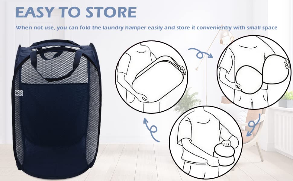 6 Pcs Mesh Popup Laundry Hamper (Black/White/Blue),Popup Laundry Basket with Durable Handles,Foldable Pop-up Mesh Hamper Dirty Clothes Basket for Kids Room, College Dorm or Travel