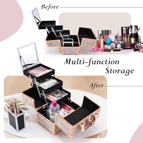 Costravio Makeup Train Case Rose Gold Cosmetic Box with Mirror & Brush Holder Home or Travel Organizer for Make-up and Jewelry Storage Box with 3-Tier Tackle Trays Portable Lockable Golden Marble
