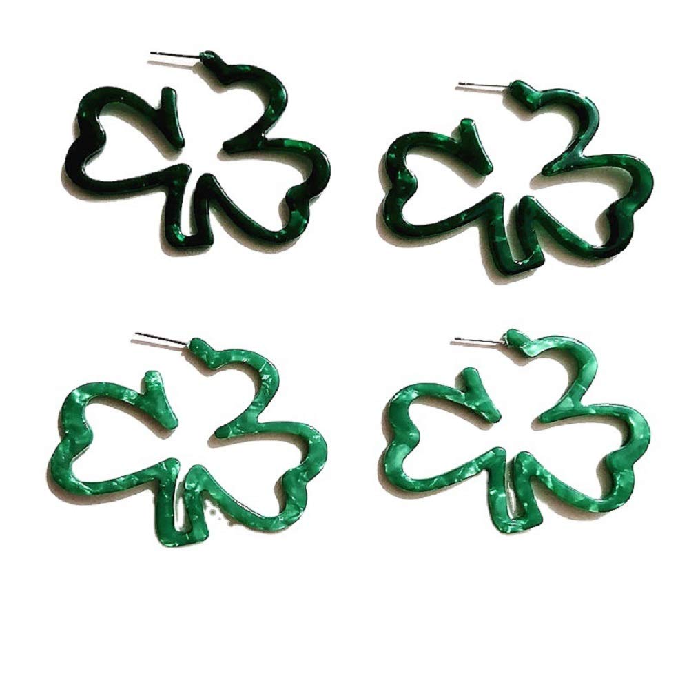 2 Pairs St.Patrick's Day Green Shamrock Earrings 3 Leaf Clover Dangle Earrings Acrylic Irish Clover Hoop Earrings Lucky Green Shamrock Statement Dangles Earrings Set