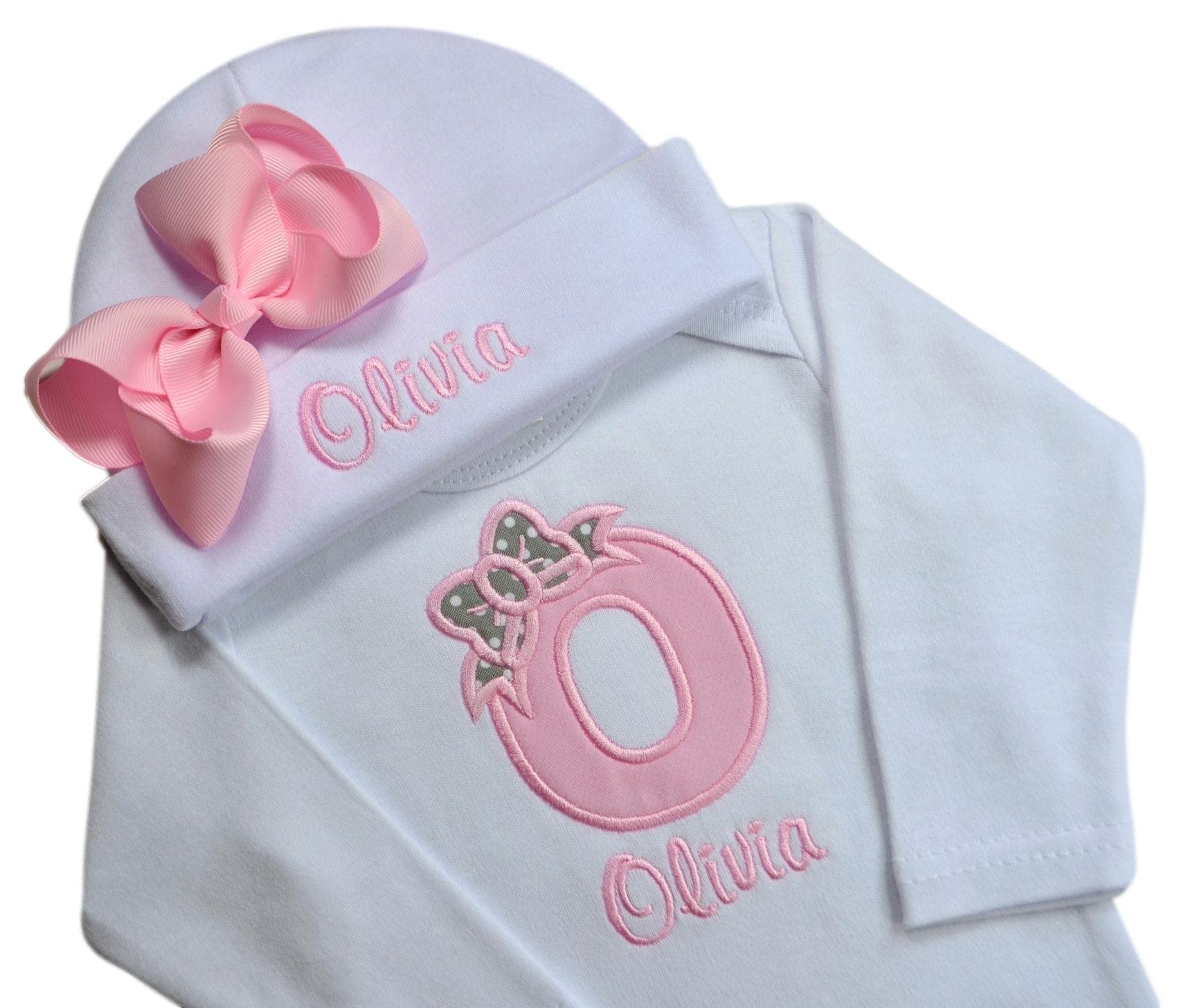 Baby Girl Embroidered INITIAL Bodysuit and MATCHING Beanie HAT Gift SET with Your Custom Name (PINK & GRAY DOT) (0-3 MONTHS)