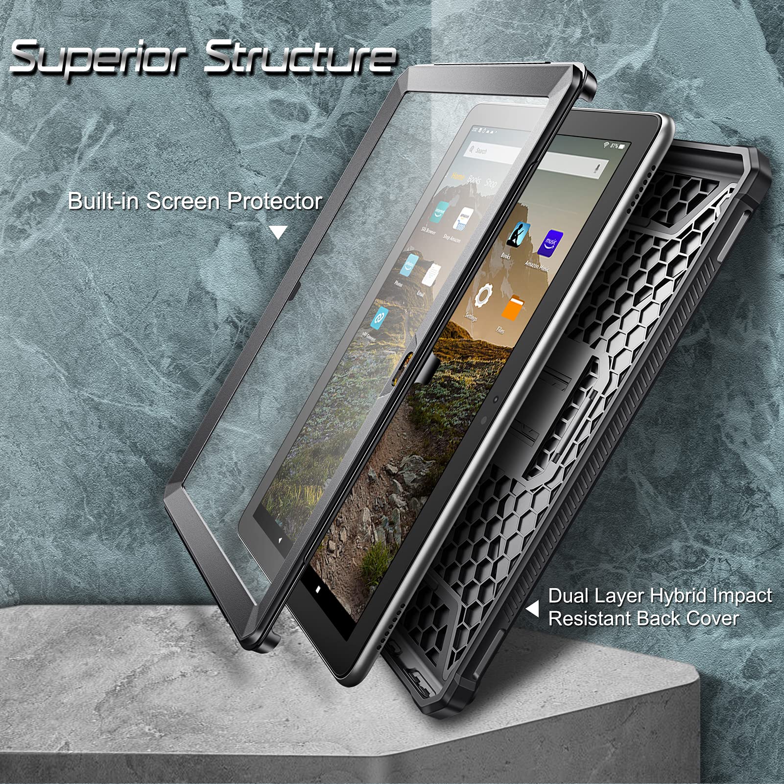 Fintie Case for Amazon Fire HD 10 and 10 Plus Tablet (11th Generation 2021 Release), [Tuatara] Rugged Unibody Hybrid Kickstand Cover w/Built-in Screen Protector, Black