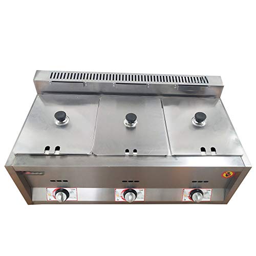 6L Commercial Gas Deep Fryer 3-Pan Countertop Stainless Steel Food Warmer Heater Restaurant Home Kitchen Adjustable Temp Steamer Cooking Heating Pot Tank, Silver