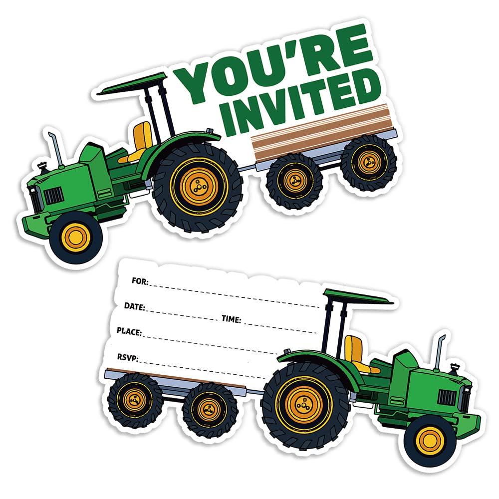 Cusrtyh 15 Sheets Tractor Party Celebration Invitations card with with 15 Envelopes,Green Tractor Birthday Party,Farmer Tractor Party Celebration Invitation cards, Birthday Party Supplies