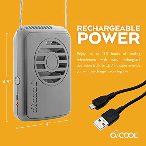 O2COOL Rechargeable Necklace Fan - Portable Hanging Neck Fan with Adjustable Lanyard - 3 Speed Vertical Air Flow β Micro USB Charging Cable Included (Grey)