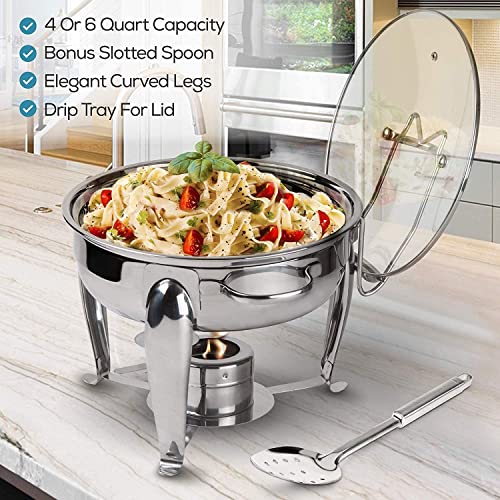 6 Quart Round Stainless Steel Chafing Dish with Bonus Slotted Spoon and Drip Tray for Lid | Keeps linens Dry | for Wedding, Graduation, Events, Parties | Sterno Holder…