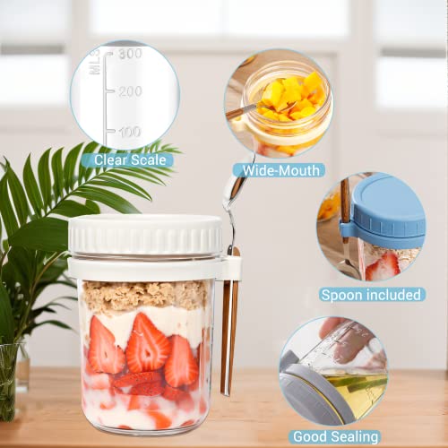 4 Pack Overnight Oats Containers with Lids and Spoons, 12 oz Airtight Mason Overnight Oats Jars, Meal Prep Container Reusable for Cereal, Fruit, Chia Pudding, Salad, Milk with Measurement Mark