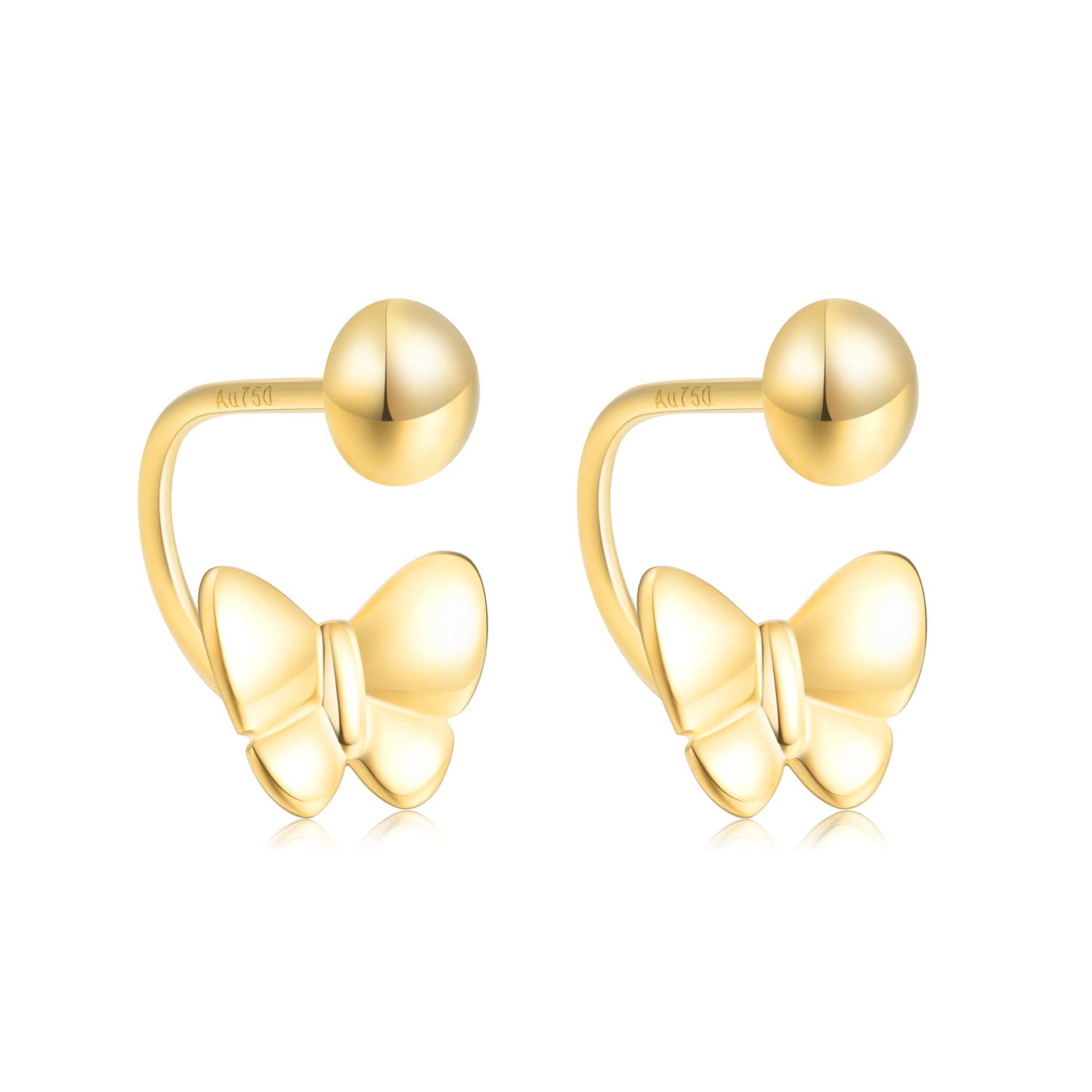 18k Yellow Gold Butterfly Earrings for Women Screw Back, Ear Jacket Fine Jewelry
