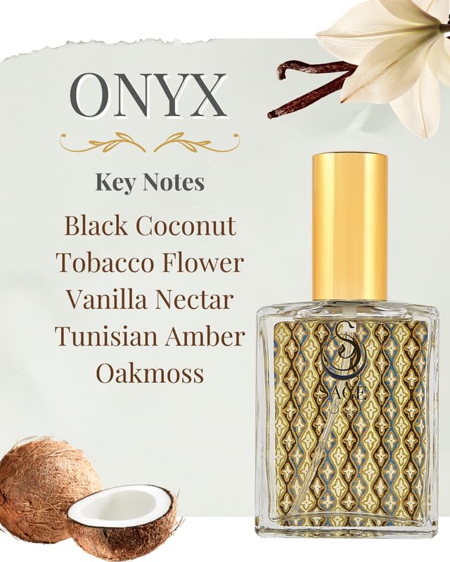 Onyx Organic Perfume Spray by Sage- 2 oz, Vegan & Cruelty-Free, Earthy Scent, Black Coconut, Vanilla, Oakmoss