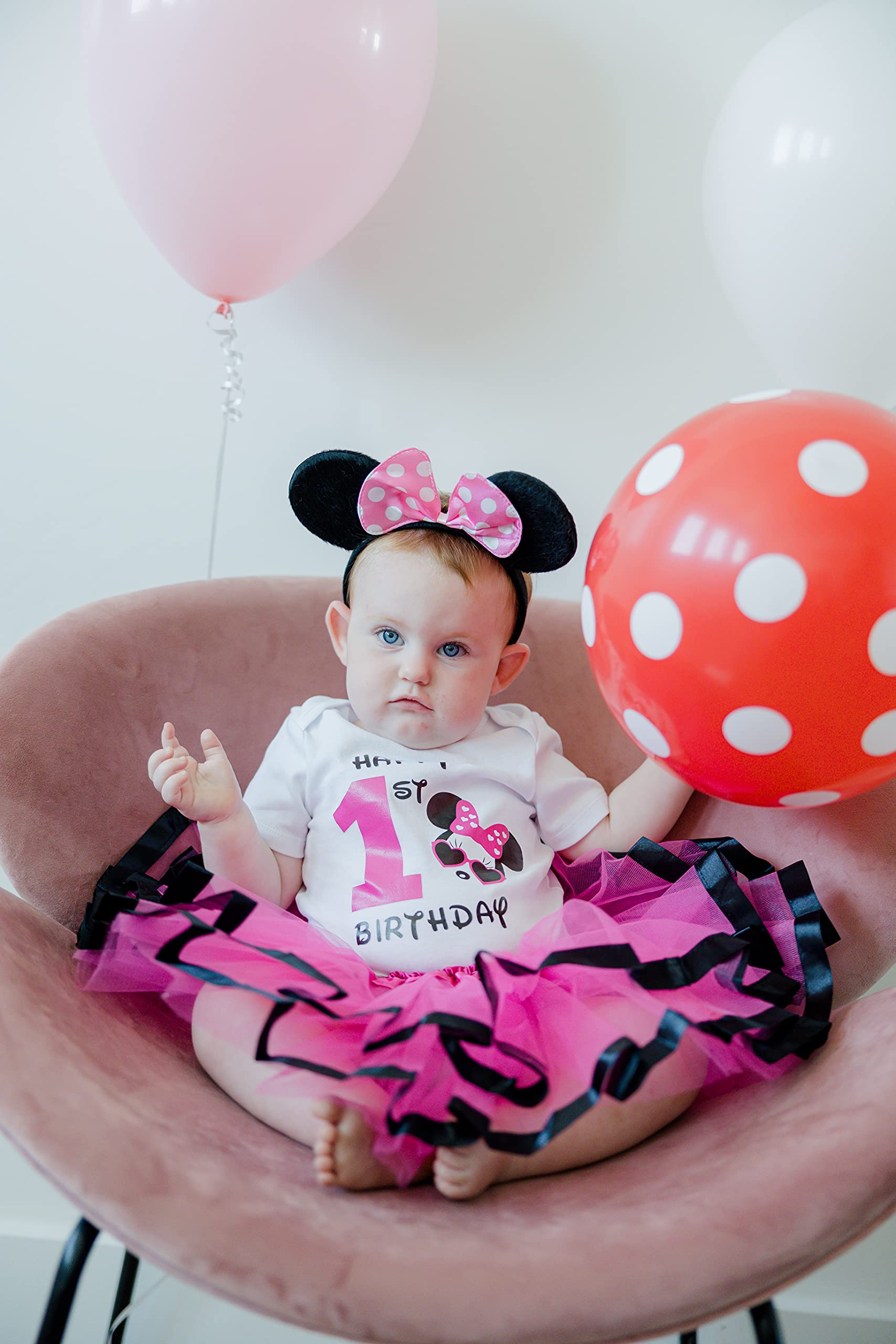 First Birthday Girl Outfit - Mouse Tutu Set (Pink and Black Tutu, 12M Short Sleeves)
