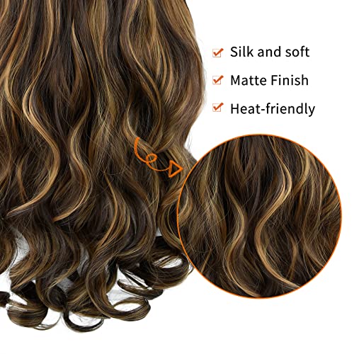REECHO Invisible Wire Hair Extensions with Transparent Headband Adjustable Size Removable Secure Clips in Curly Wavy Secret Hairpiece for Women 20 Inch - Dark Chocolate Brown with Golden blonde mixed