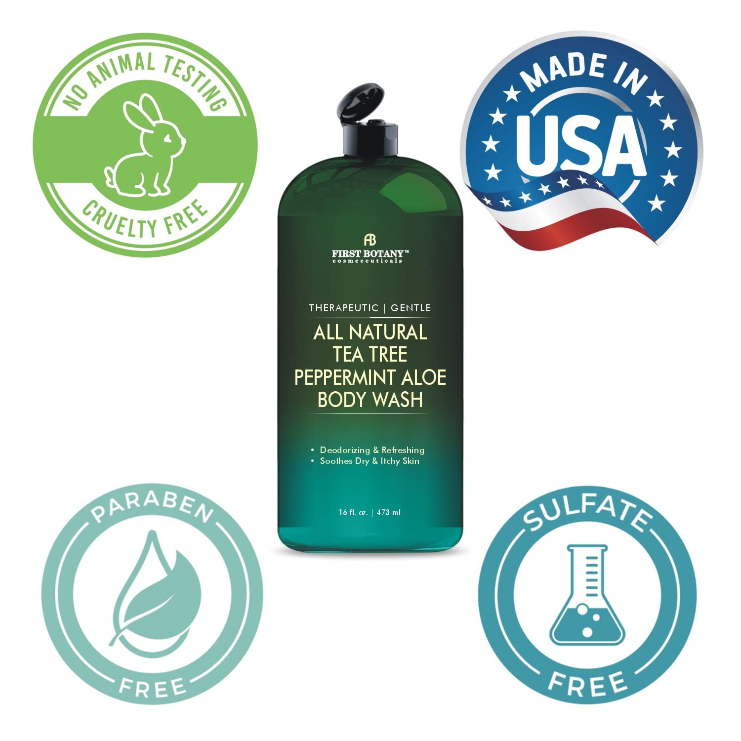 First Botany, ALL Natural Body Wash - Fights Body Odor, Athlete’s Foot, Jock Itch, Nail Issues, Dandruff, Acne, Eczema, Shower Gel for Women & Men, Skin Cleanser -16 fl oz (Tea Tree Mint)