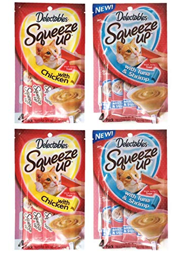 Delectables Hartz Squeeze Up Cat Treats Variety 4 Pouch Bundle of 2 Flavors; 2 Pouches of Each Flavor (2.0 oz Each) (Chicken, Tuna & Shrimp)