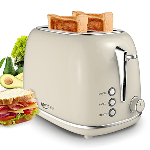 2 Slice Toaster, Keenstone Toaster with 6 Browning Settings, 1.5 In Extra Wide Slots, Stainless Steel Housing, Bagel/Defrost/Cancel Function, Removable Crumb Tray, 825W for Breakfast Bread -Beige