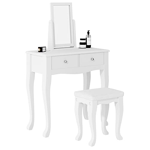 soges Makeup Vanity Table Set, 2-Drawer Dresser Desk, 360° Rotation Mirror, Cushioned Stool, Bedroom Dressing Table Set, White