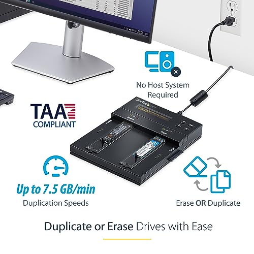 StarTech.com Standalone Dual Bay M.2 SATA/NVMe Duplicator/Eraser, HDD/SSD Cloner/Wiper for M.2 PCIe AHCI/NVMe, M.2 SATA, 2.5/3.5in Drives, Hard Drive Sanitizer/Copier, TAA (SM2DUPE11),Black