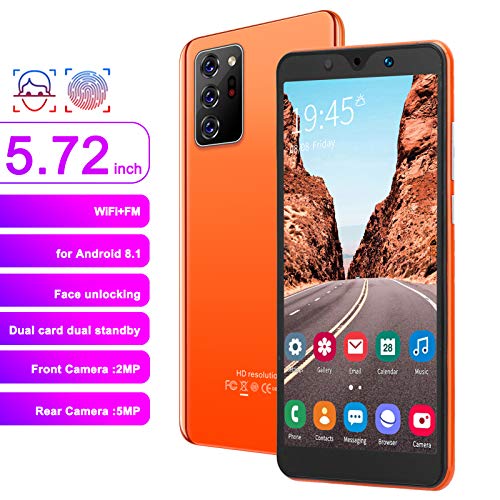 3G Unlocked Smartphone , Note30 Plus 5.72in HD Full Screen Cell Phone , Support APP Face Recognition for Android 8.1 Fingerprint Unlock Smartphone , 512M 4G , Dual SIM Dual Camera Orange