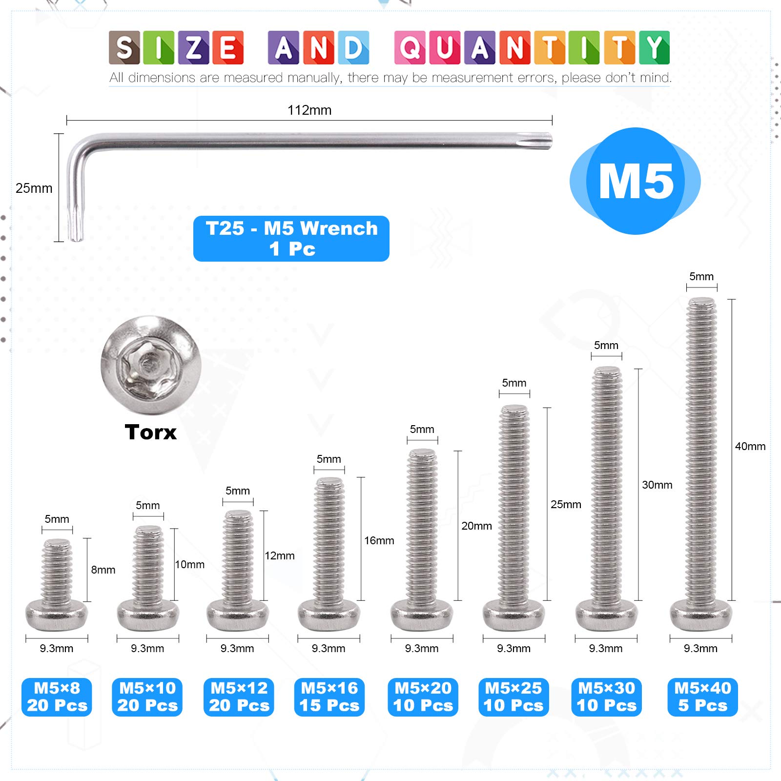 Glarks 111Pcs M5 x 8mm 10mm 12mm 16mm 20mm 25mm 30mm 40mm Pan Head Torx Security Screws 304 Stainless Steel Tamper Resistant Screws Assortment Set with T25 Wrench