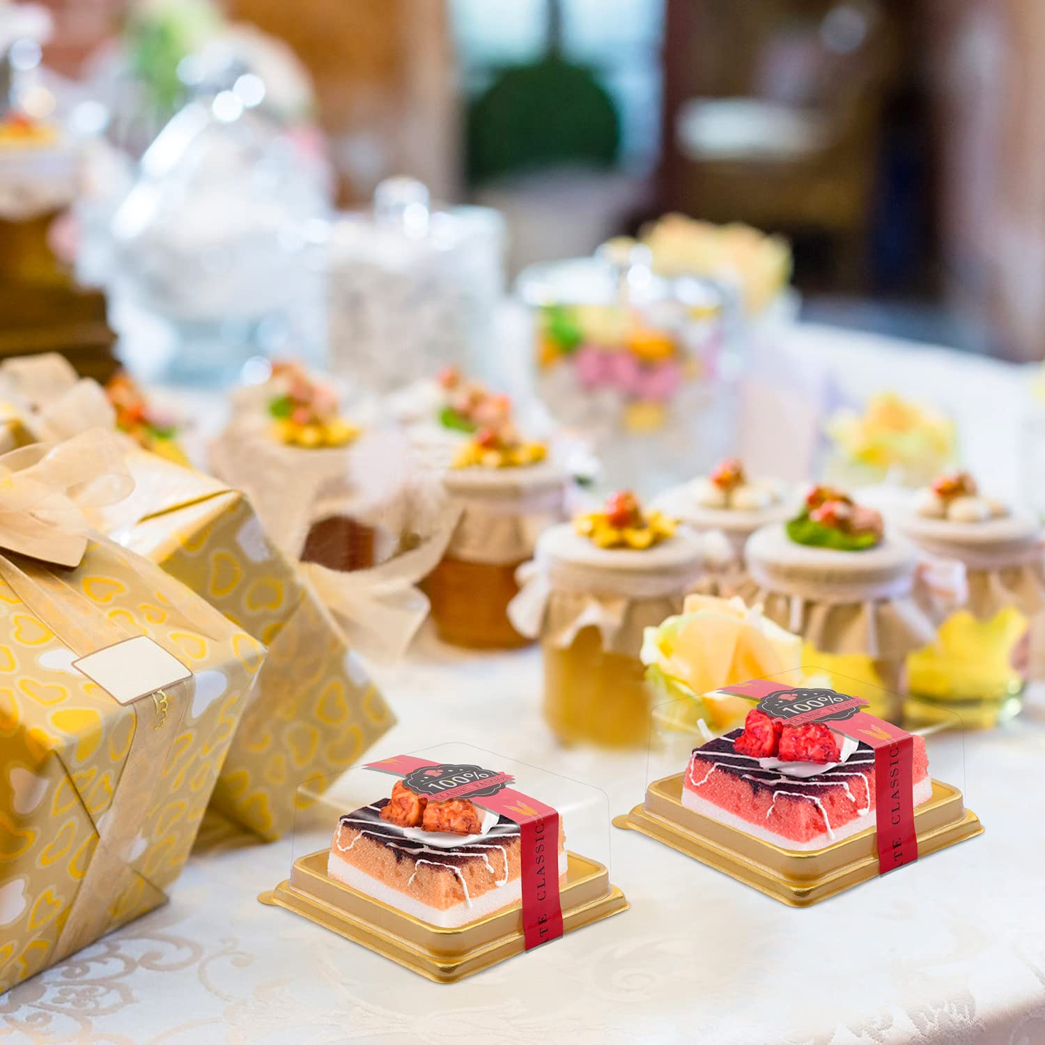 50 Pcs 3.5 Inch Mini Cake Box, Clear Plastic Mini Cupcake Box Muffins Box Cookies Dome Box Mooncake Box Small Single Muffin Dessert Containers Holder Wedding Birthday Gift Box Bonus 50 Pcs Stickers
