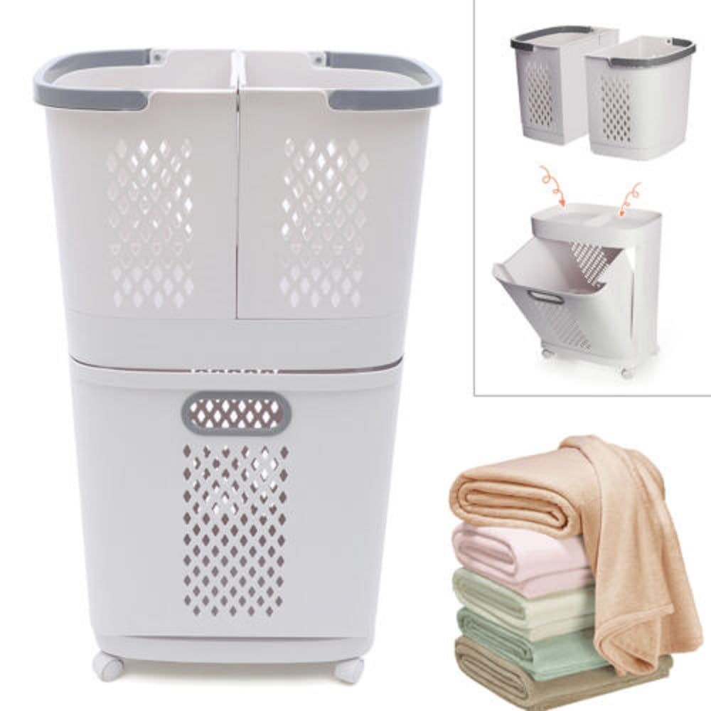 2 Tier Plastic Laundry Basket With Wheels,Movable Household Laundry Basket,Bathroom Clothes Storage Basket Cart,Floor-Standing Hand-Held Laundry Basket for Home,White