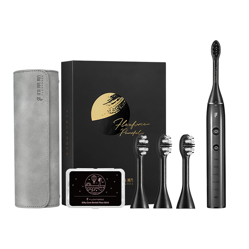 Flexforce Adult Sonic Electric Travel Toothbrush with Metal Handle with 4 Duponts Brush Heads, 1Travel Cover, 1Water flosser, 5 Modes, Wireless Rechargeable Battery 1000 for 30 Days Use, Gray U1B