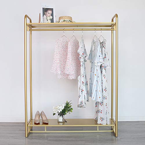 HOMEKAYT Gold Clothing Rack Modern Boutique Display Rack with 2-Tier Shelf Full Metal Garment Rack Multiple Uses Hanging Rack for Home and Retail (47.2ββL)