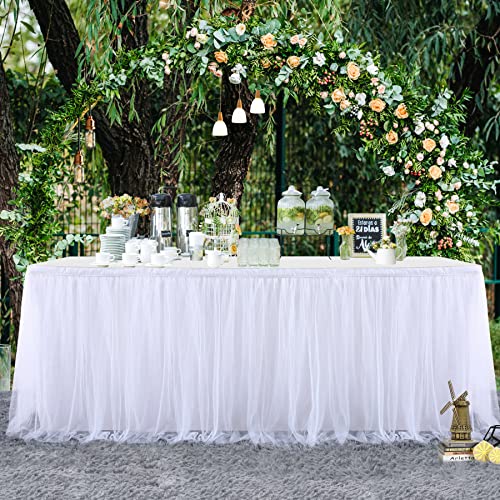 6ft White Tulle Table Skirt for Rectangle or Round Tables Tutu Table Skirt White Ruffle Table Cloth for Wedding Bridal Shower Baptism Birthday Party Christening Banquet Table Decorations(L6(ft)H 30in)