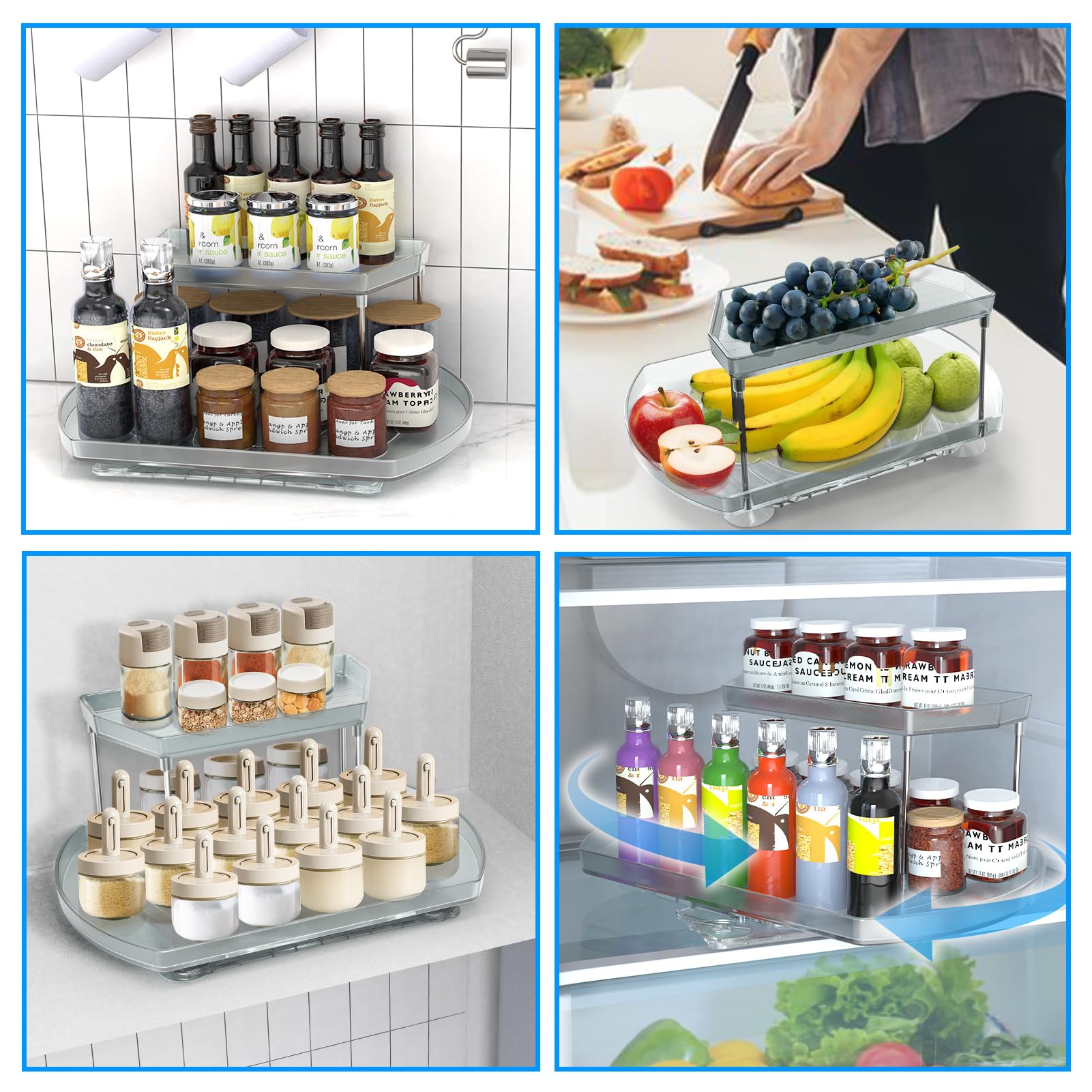 2 Tier Rectangle Lazy Susan for Refrigerator Organizer Bins 360° Rotatable 16.54"*11.02"*5.91" Fridge Organizers and Storage Cabinet Pantry Organizer Dining Table Countertop Spice Rack Home & Kitchen
