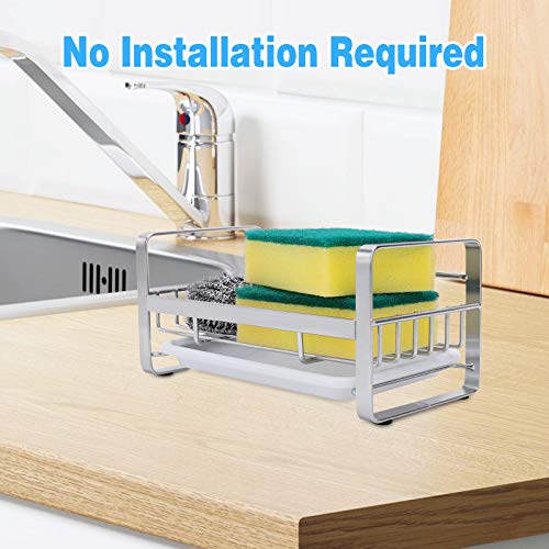 Kitchen Sink Caddy Organizer, Sponge Holder for Sink, Sponge、Soap and Brush Holder/Organizer with Drain Pan, 304 Stainless Steel Rustproof Sponge Holder for Sink