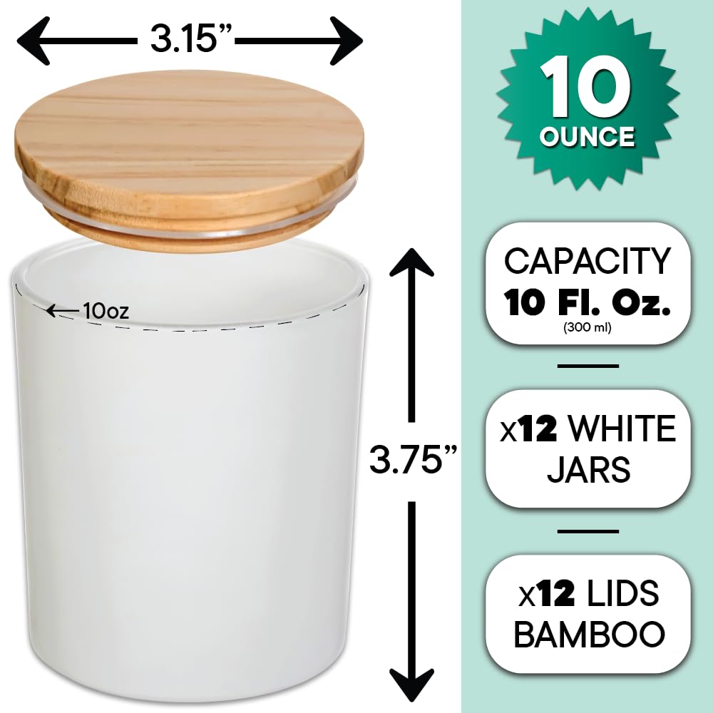 12-Pack, 10 OZ Candle Jars for Making Candles White Glass with Bamboo Sealed Lid - Luxurious Glass Candle Container Supplies, Leak Proof, Reusable Storage & Dishwasher Safe