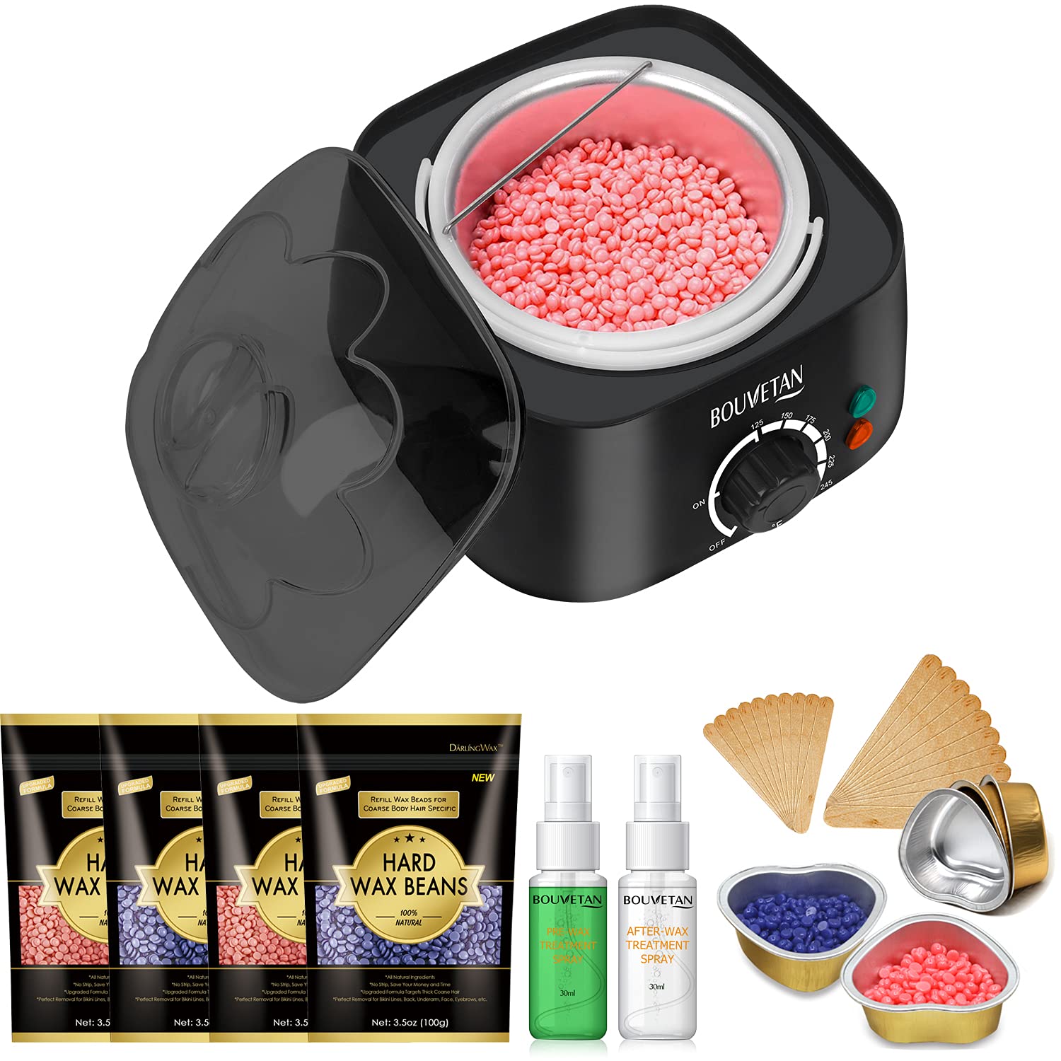 Waxing Kit, 2 LEDs Bouvetan Wax Warmer Hair Removal Wax Kit with 14oz Hard Wax Beans for Full Body, Women Wen At Home Hard Bead Waxing Kit