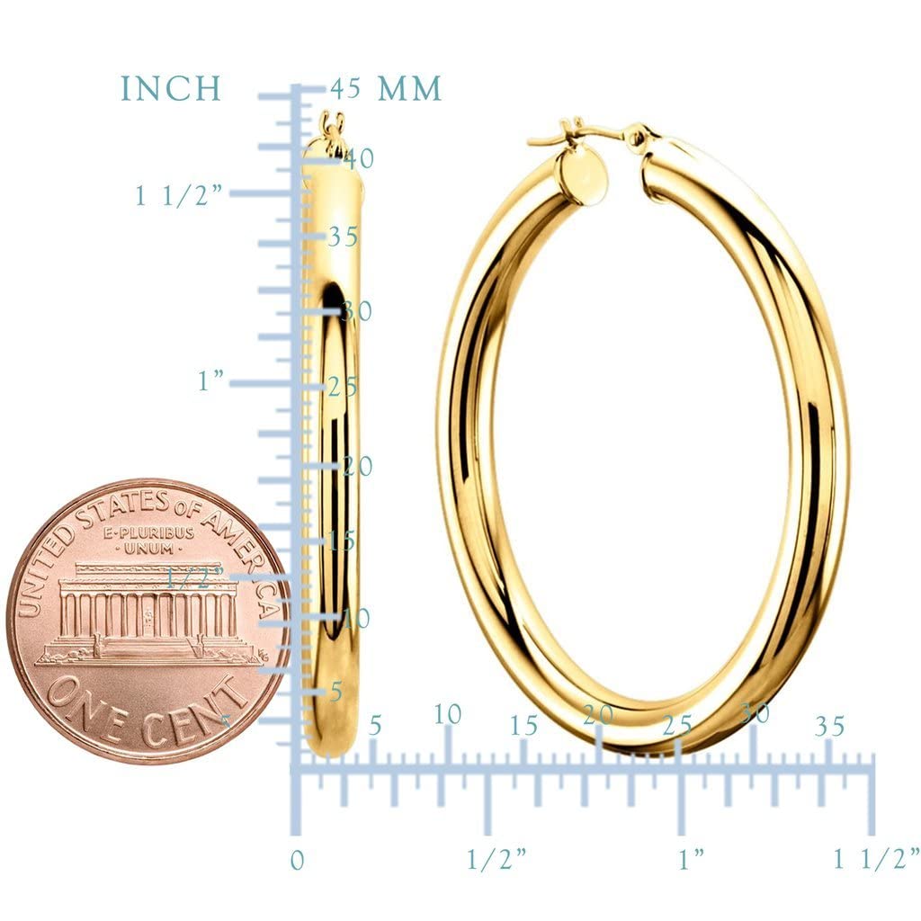 14k REAL Yellow Gold 40MMx3.00MM Thickness Classic Polished Round Tube Hoop Earrings with Snap Post Closure For Women