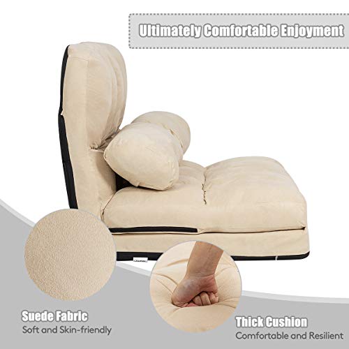 S AFSTAR Safstar Floor Folding Couch and Futon Sofa, 6-Position Fabric Sleeper Sofa Bed with 2 Pillows and Sponge Filling, Adjustable Lazy Sofa for Living Room and Bedroom(Beige)