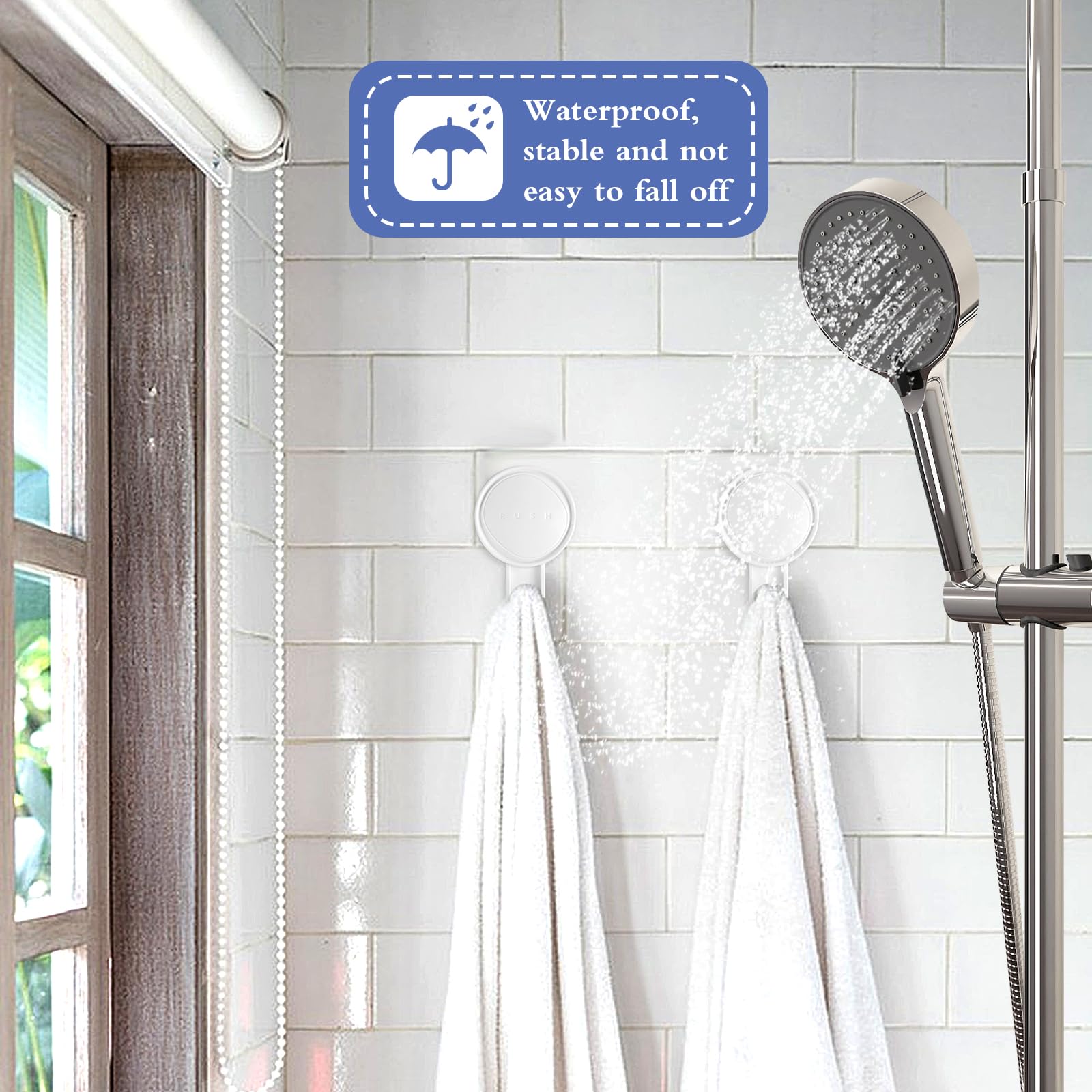 2 Pack Suction Cup Hooks for Shower, Powerful Vacuum Bathroom Suction Holder Removable Reusable Waterproof Suction Hanger Window Glass Door Suction Holder for Bathroom Kitchen Towel Robe (White)