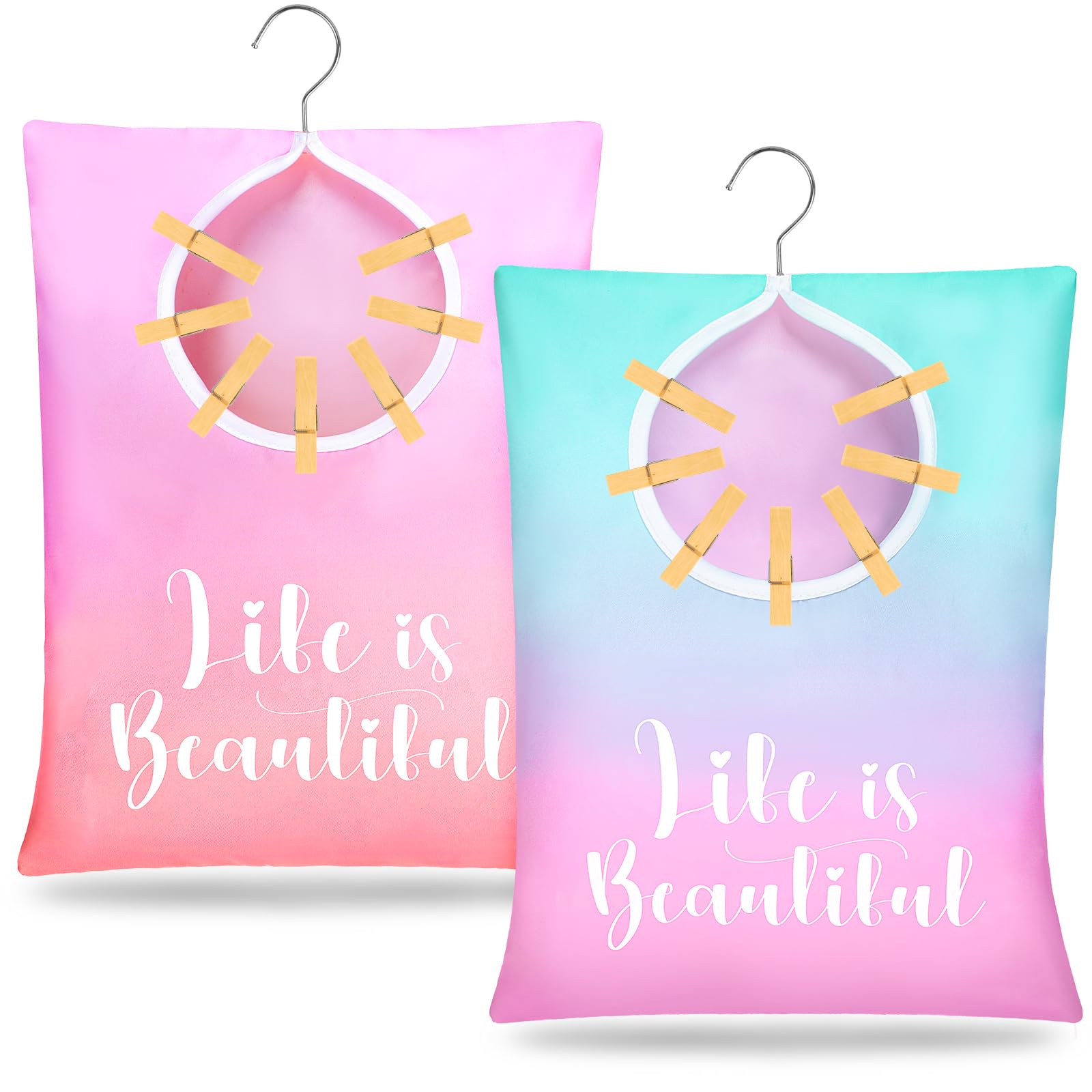 2 Pcs Clothes Pin Hanging Bag Boho Clothes Pin Bag with Hanging Hook 15 X 11 Inch Boho Clothes Pin Bag Laundry Canvas Clothes Pin Holder Waterproof Clothespin Bag Storage Organizer (Pink+Blue)