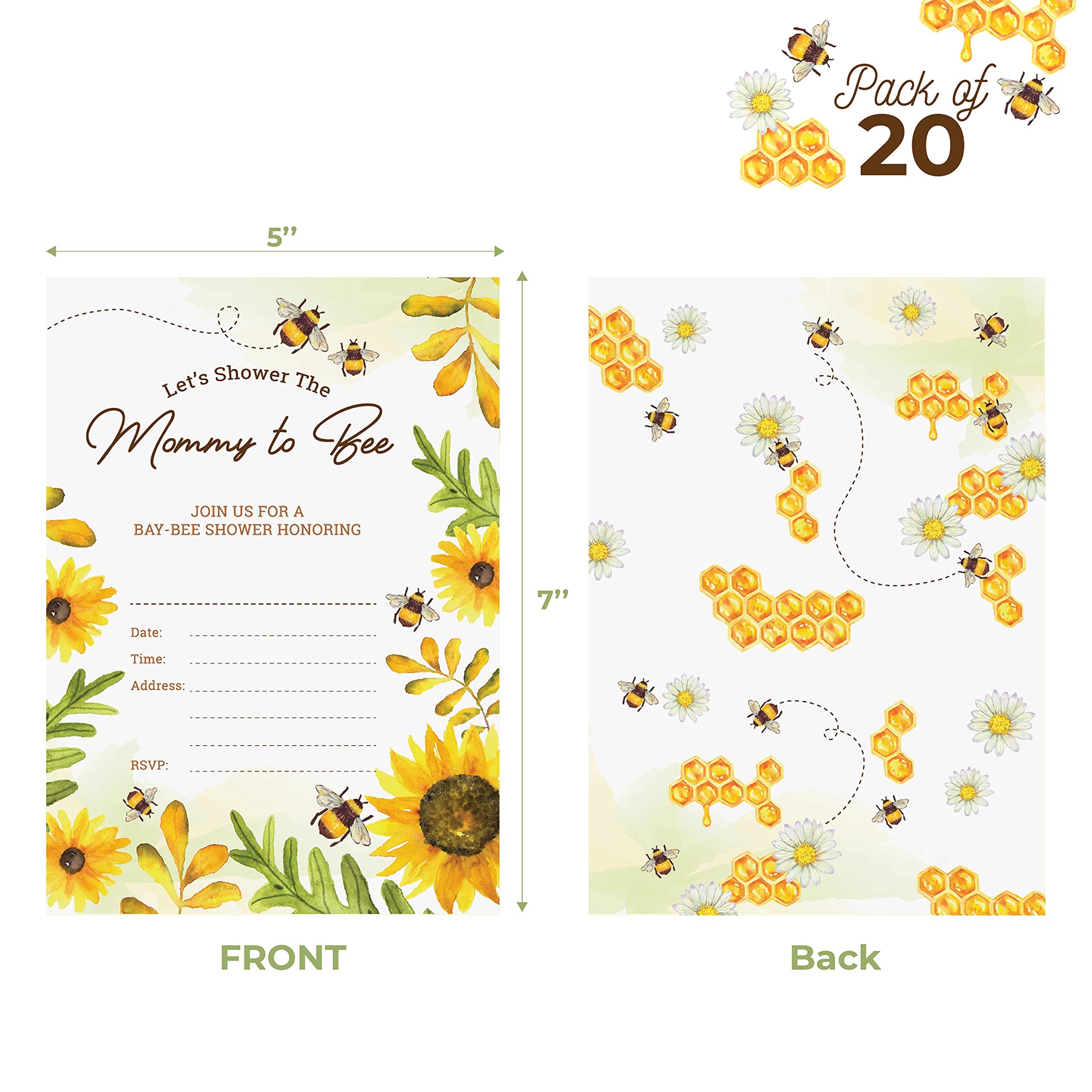 Joyful Toys Bee Baby Shower Invitations Set - Pack of 20 | Fill or Write In Blank Card with Diaper Raffle and Book Request Cards With Envelopes, Bumblebee Themed Party Supplies
