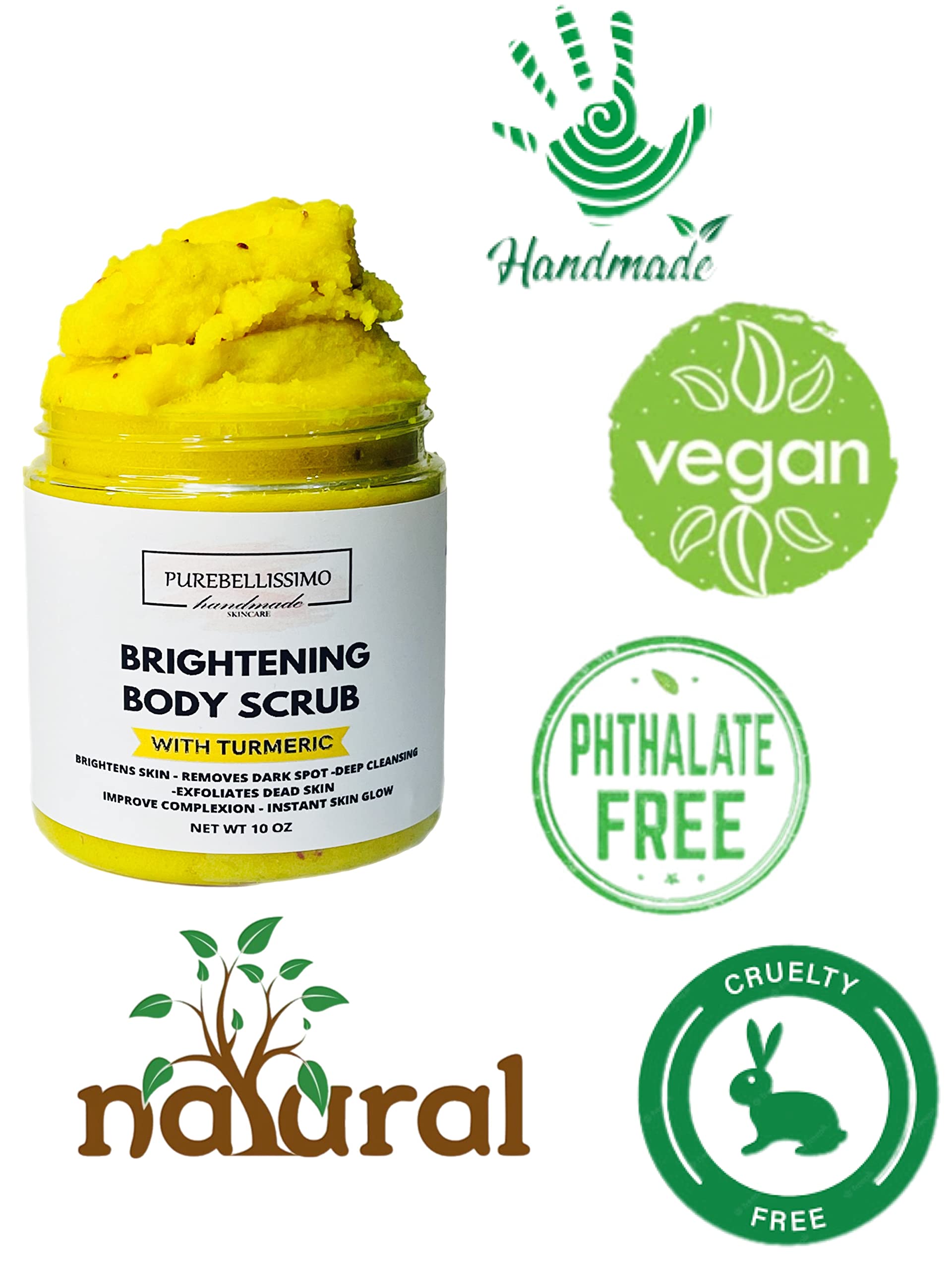Turmeric Skin Brightening Scrub for Dark Spots, Dark Inner Thighs Bikini Area Underarms, Natural Exfoliating Turmeric Face Scrub ALL NATURAL 10OZ