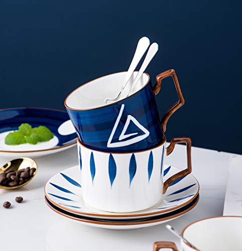 Jusalpha Japanese style hand printed- 7oz Fine China Tea Cup/Coffee Cup With Spoon and Tray/Saucer Set, Tableware, Serve of 4, TCS25